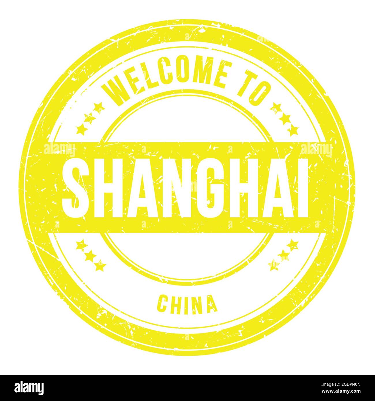 WELCOME TO SHANGHAI - CHINA, words written on yellow round coin stamp ...