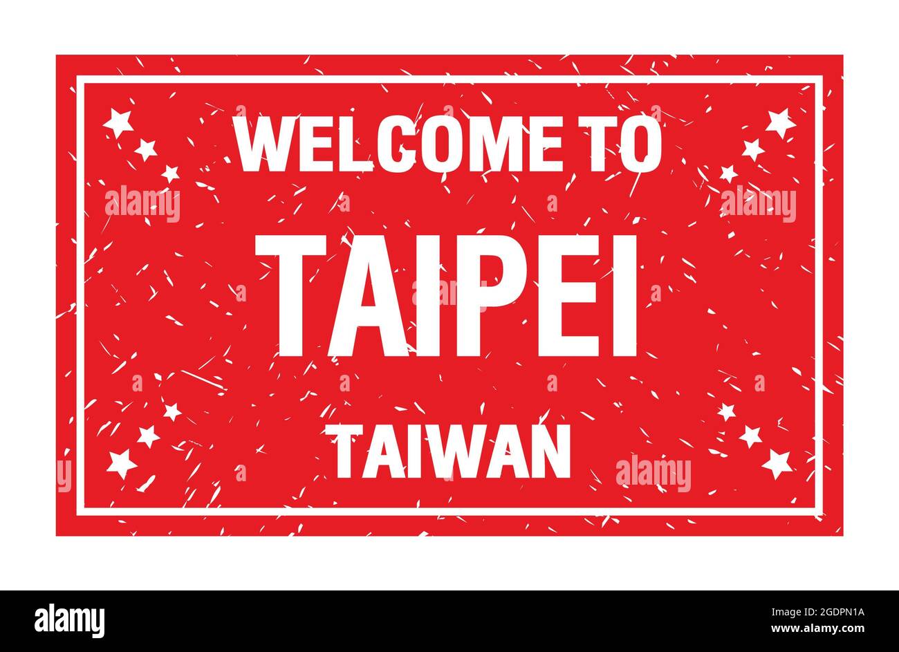 WELCOME TO TAIPEI - TAIWAN, words written on red rectangle flag stamp ...