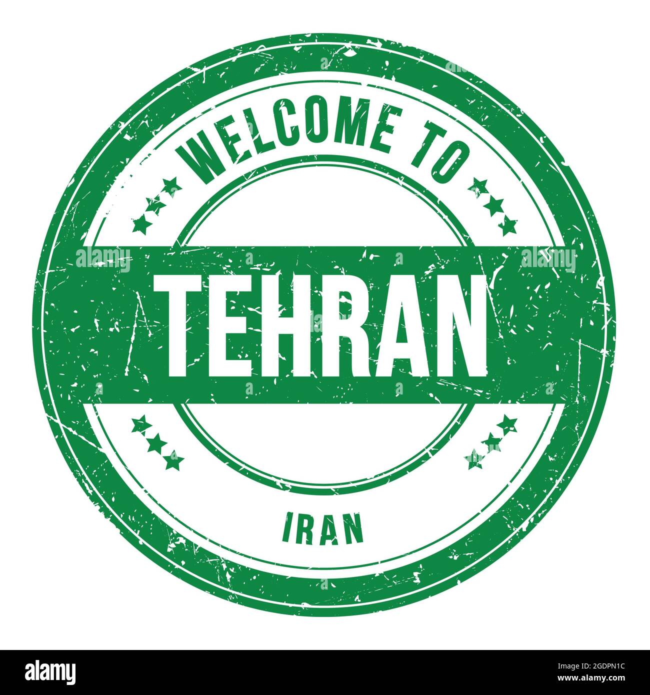 WELCOME TO TEHRAN - IRAN, words written on green round coin stamp Stock ...