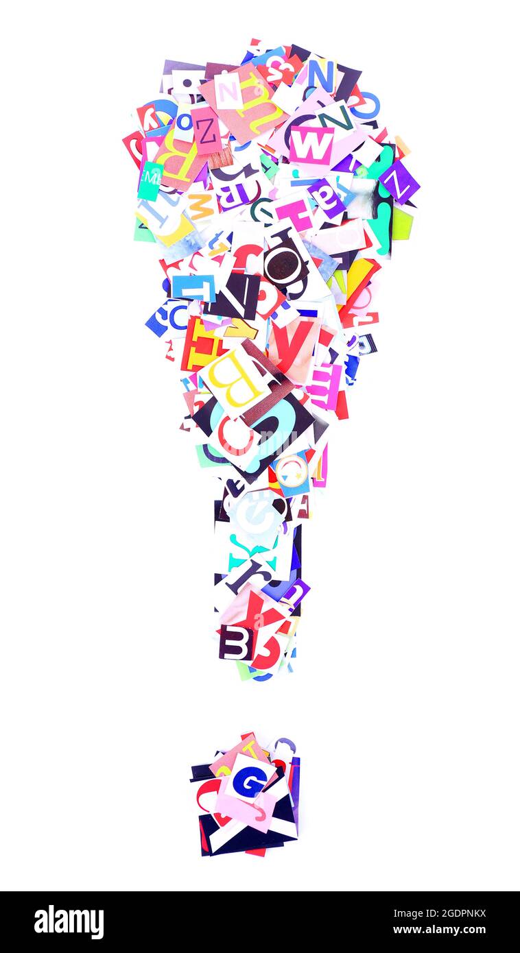 Exclamation mark made of colorful newspaper letters isolated on white ...