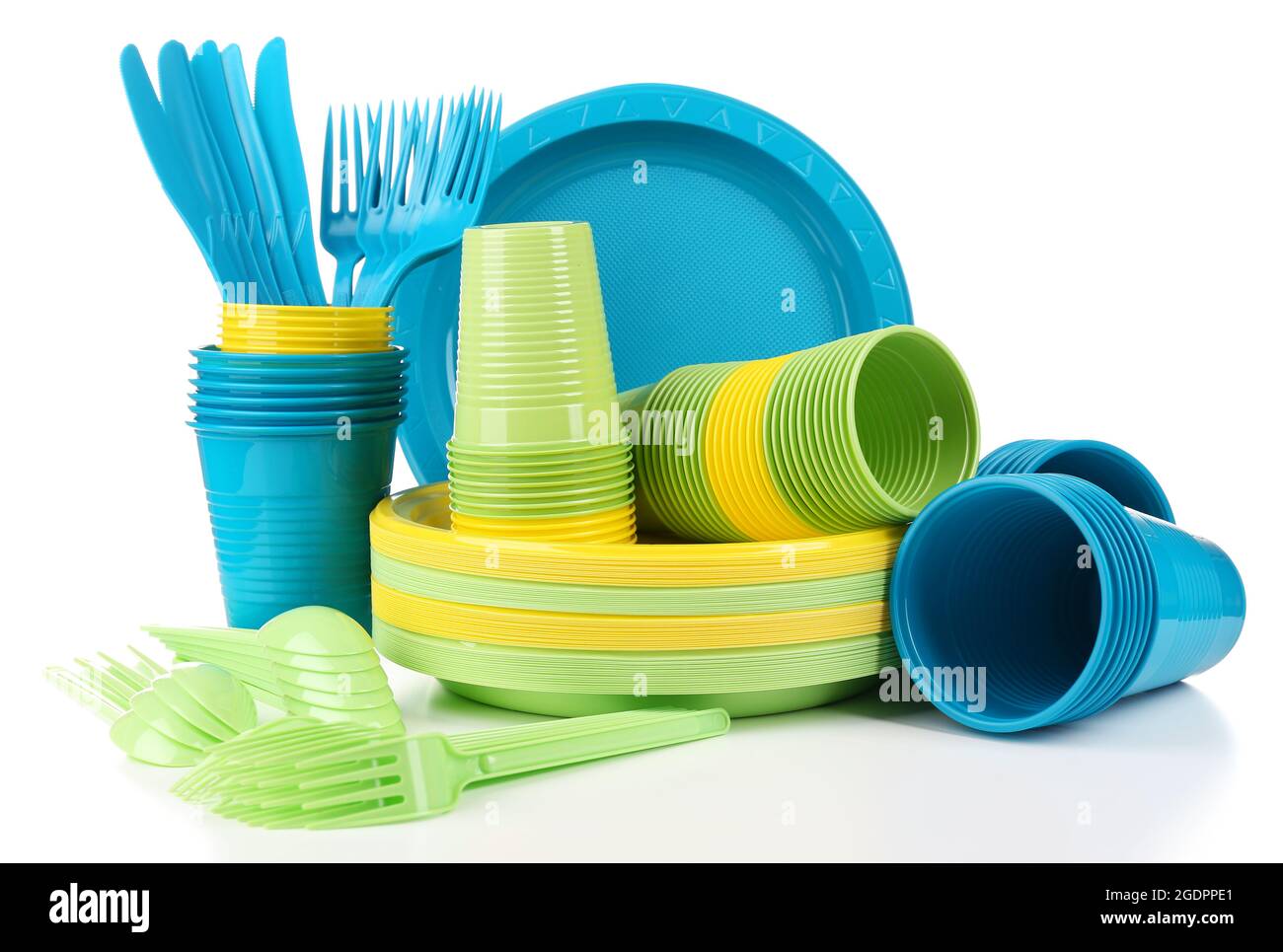 Bright plastic disposable tableware isolated on white Stock Photo - Alamy