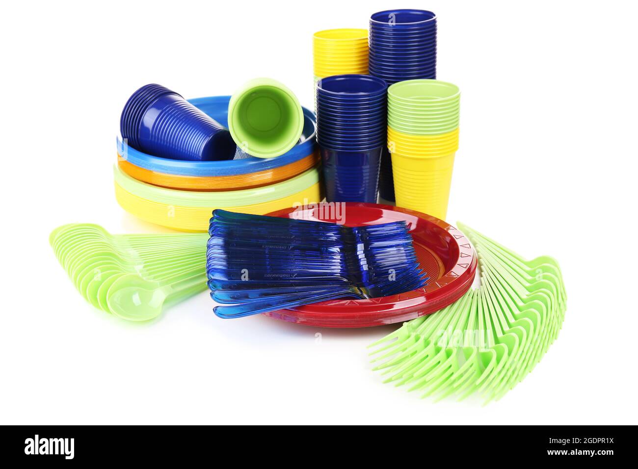 Bright plastic disposable tableware isolated on white Stock Photo - Alamy