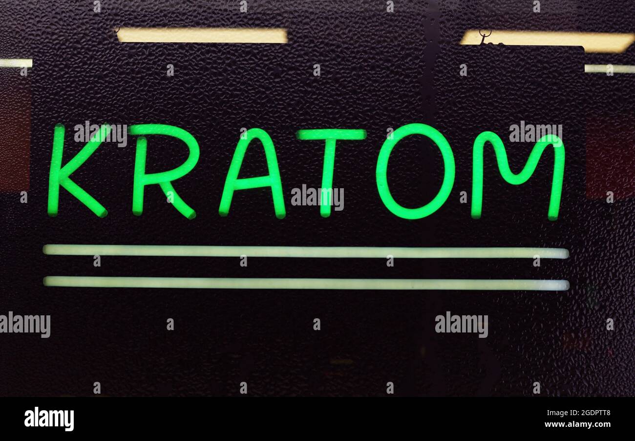 Kratom or Mitragyna speciosa Neon Sign in Rainy Window of Smoke Shop ...