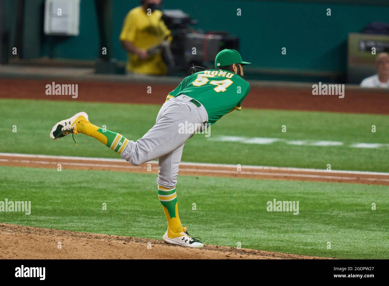 August 13 2021: Oakland pitcher Sergio Romo (54) throws a pitch during ...