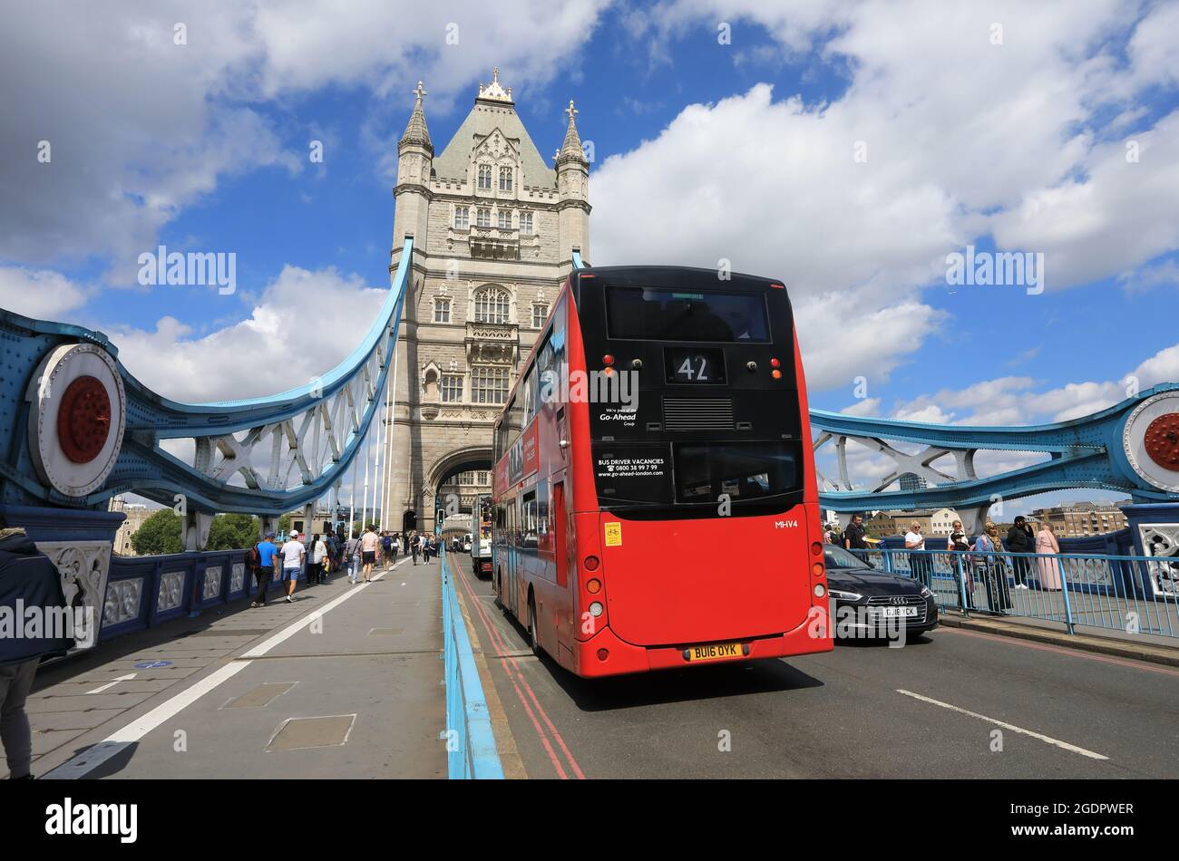 Traffic on Tower Bridge Road, passing through the famous landmark, in ...