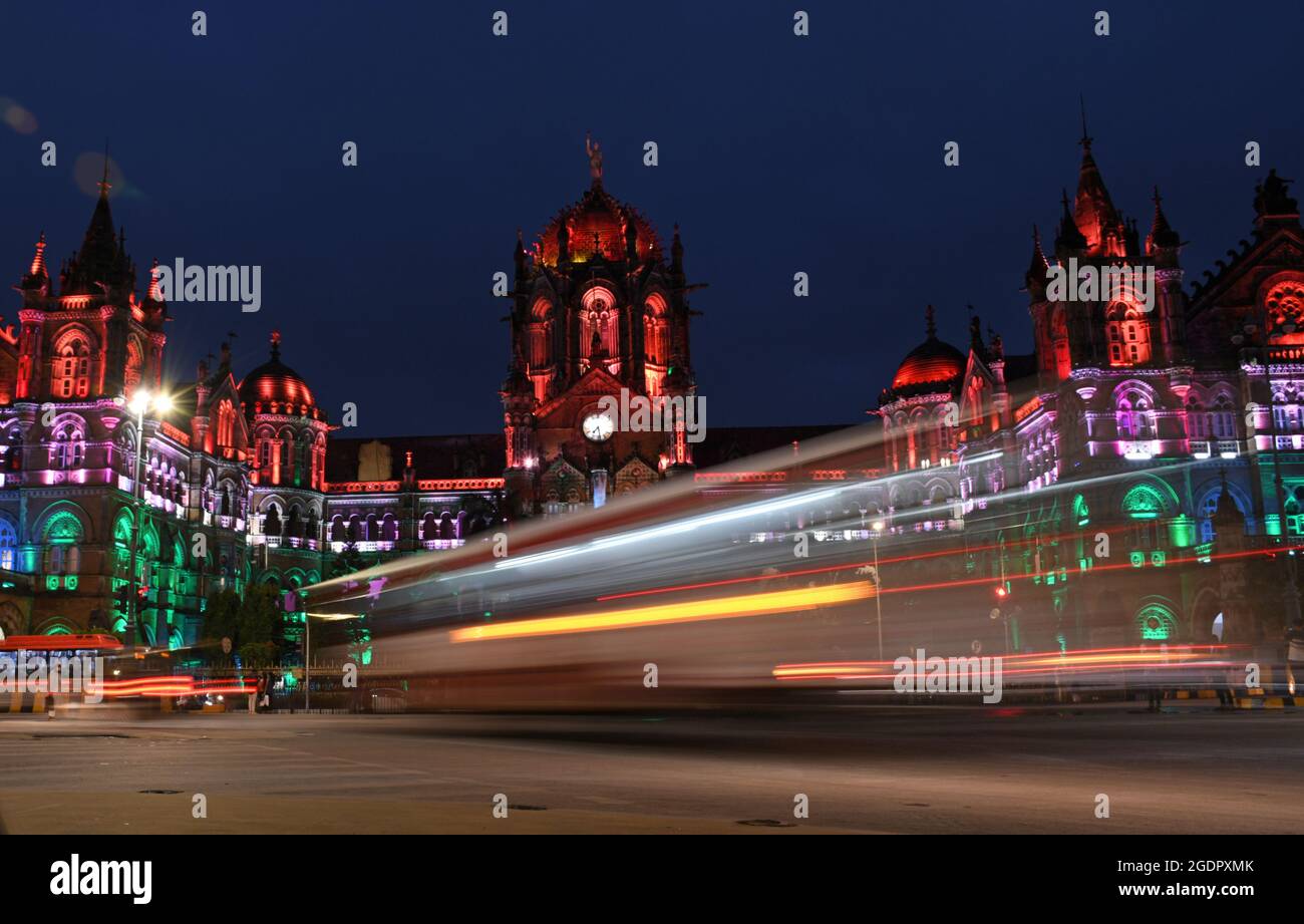 Chhatrapati Shivaji Maharaj Terminus (CSMT) building is lit up with ...
