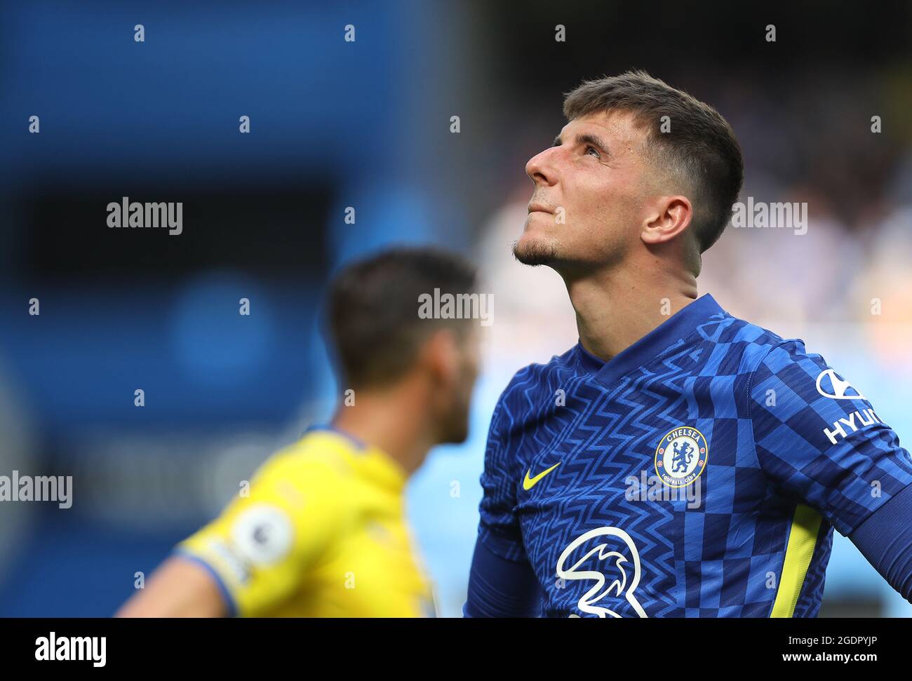 London, England, 14th August 2021. Mason Mount of Chelsea looks up ...