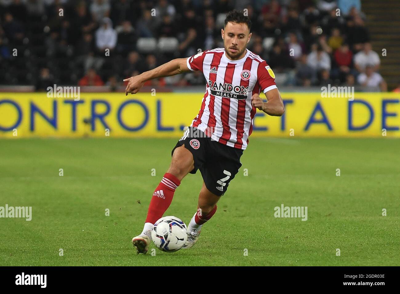 Swansea, UK. 14th Aug, 2021. George Baldock #2 of Sheffield United in ...