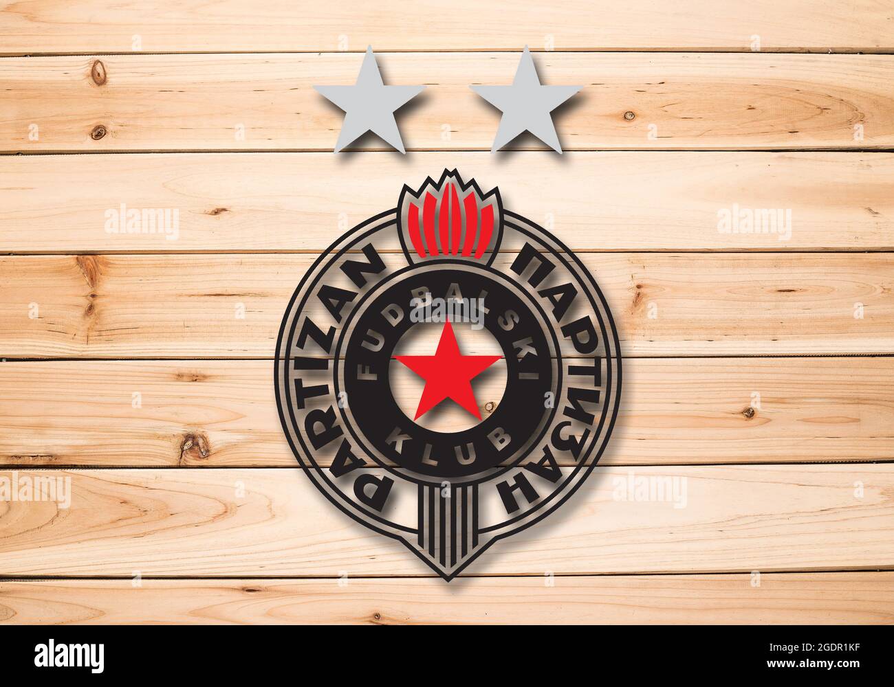 Coat of arms of FC Partizan Belgrade, Serbia, wooden background Stock ...