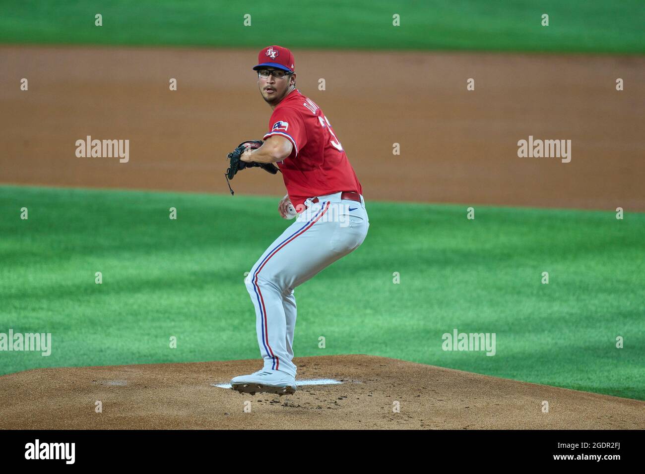 August 13 2021: Texas pitcher Dane Dunning (33 ) throws a pitch during ...