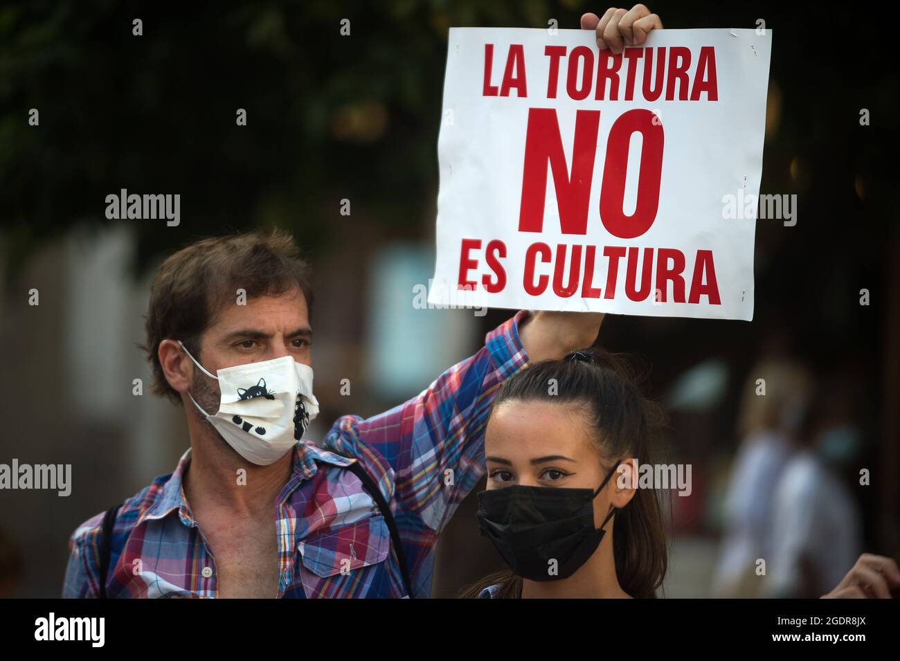 Malaga, Spain. 14th Aug, 2021. A protester holds a placard during an ...