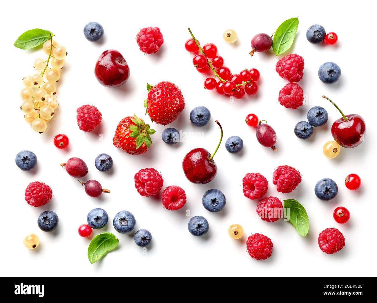 composition of fresh berries and green leaves isolated on white ...