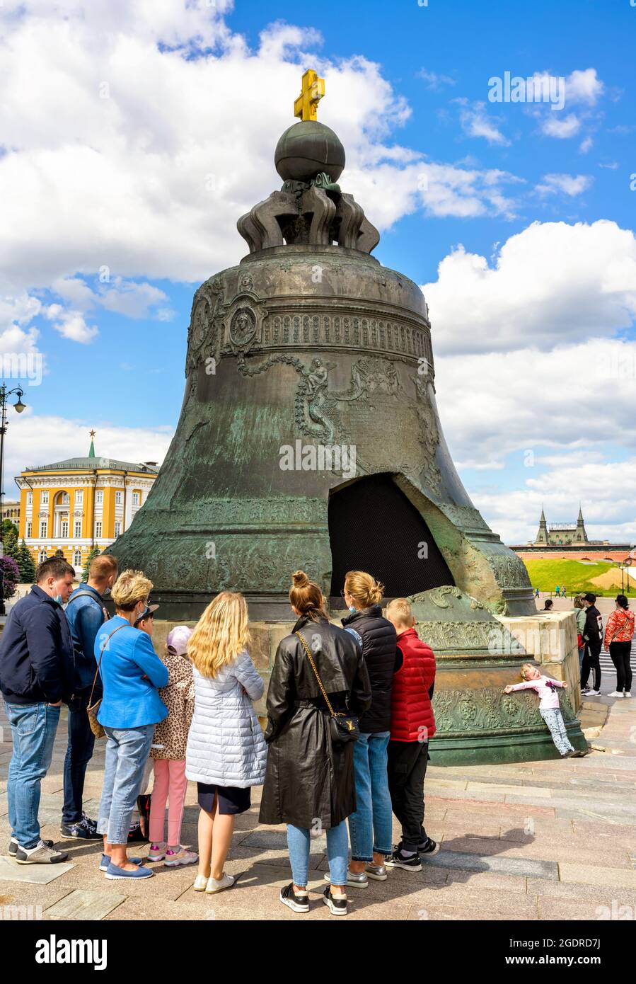 Moscow - June 2, 2021: Tourists look at Tsar Bell in Moscow Kremlin ...