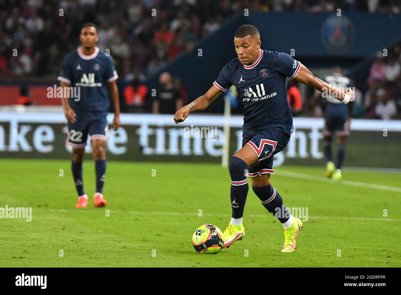Kylian Mbappe at the PSG vs Strasbourg match in Parc des Princes in Paris, France, on August 14 ...