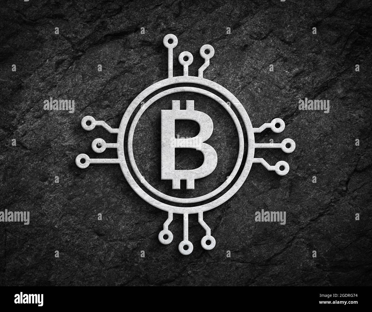 Bitcoin stone coin circuit symbol rock wall background Stock Photo - Alamy