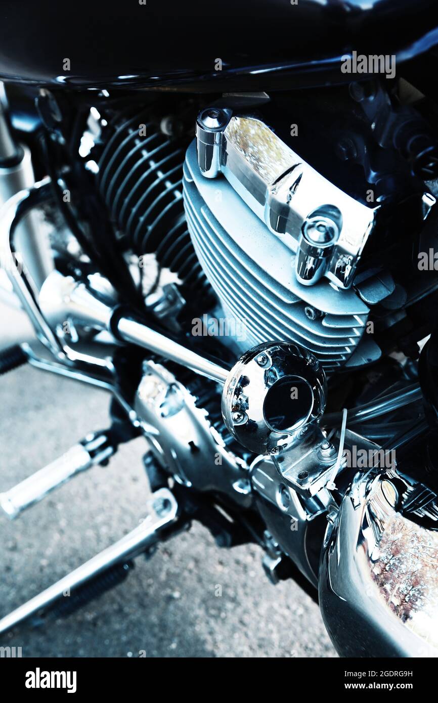 Motorcycle engine, metallic background with exhaust pipes Stock Photo ...