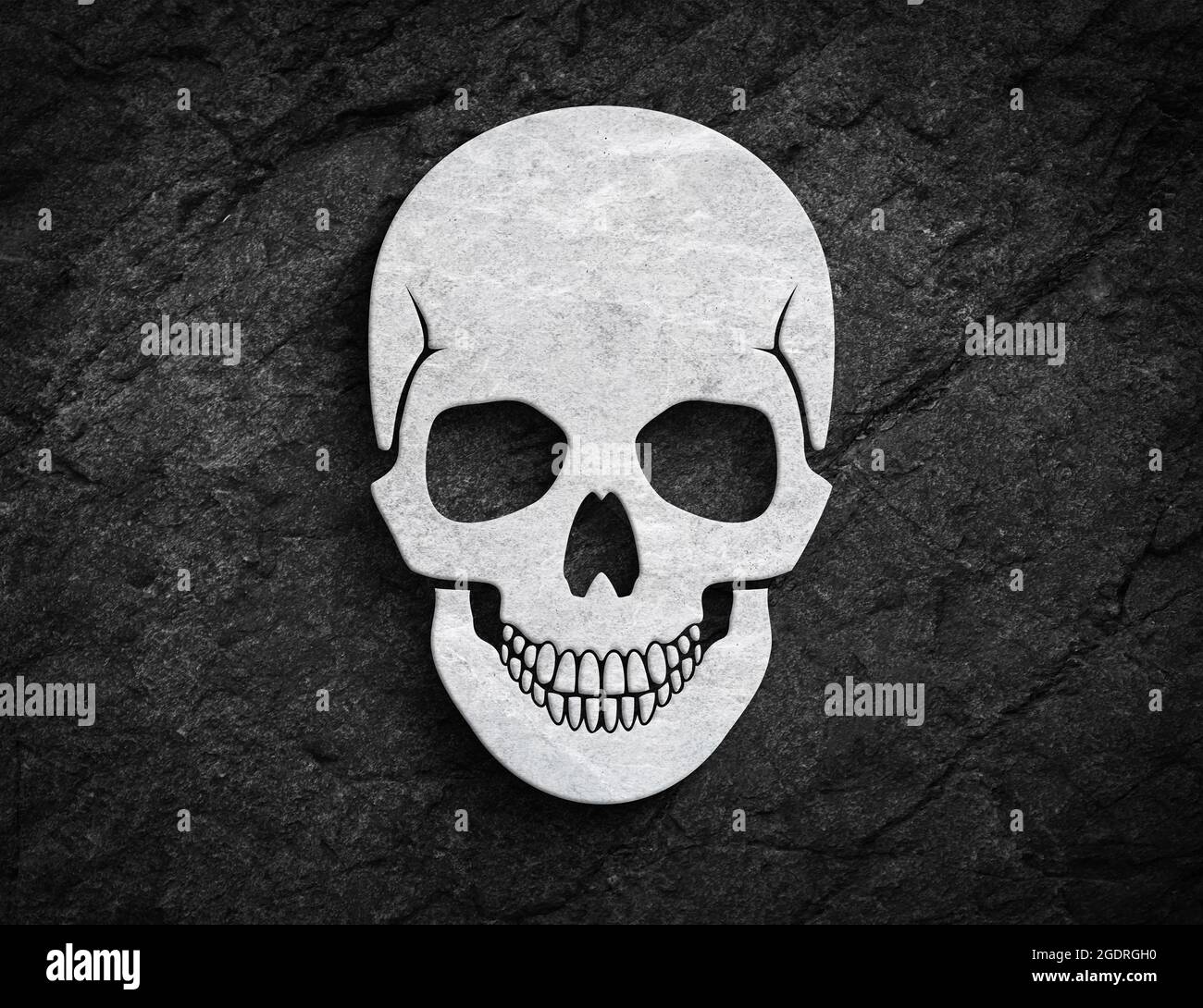 Human skeleton bone head skull symbol on dark stone wall background ...