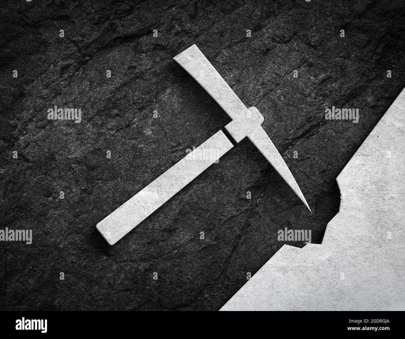Miner pickaxe tool for mining work hitting rocks symbol on dark stone ...