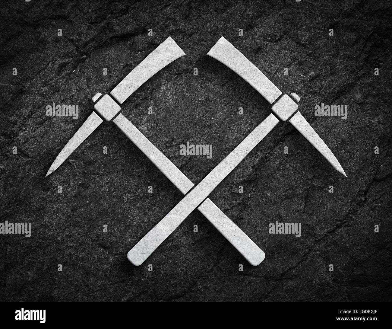 Tools for mining work digging pickaxes symbol on dark stone wall ...