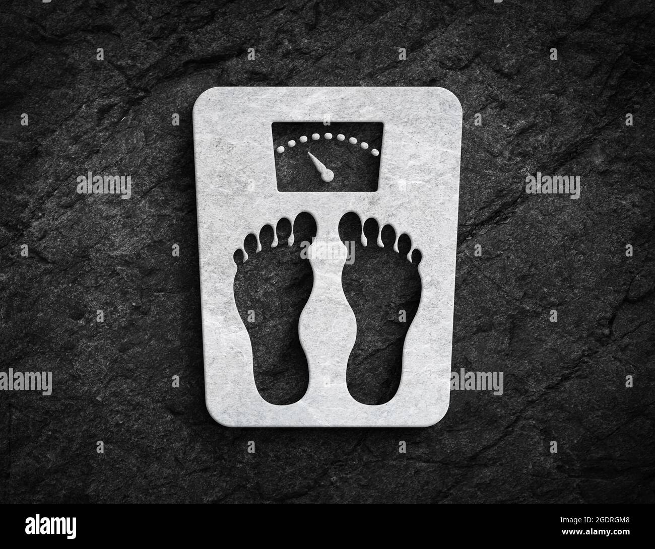 White weight scale symbol and body weighing symbol on dark stone wall ...