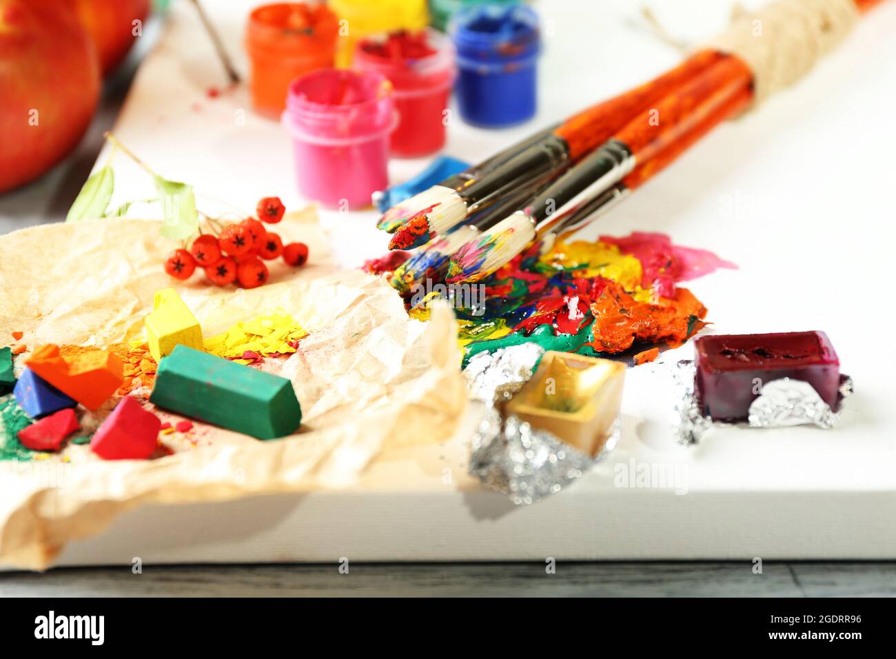 Beautiful still life with professional art materials, close up Stock ...