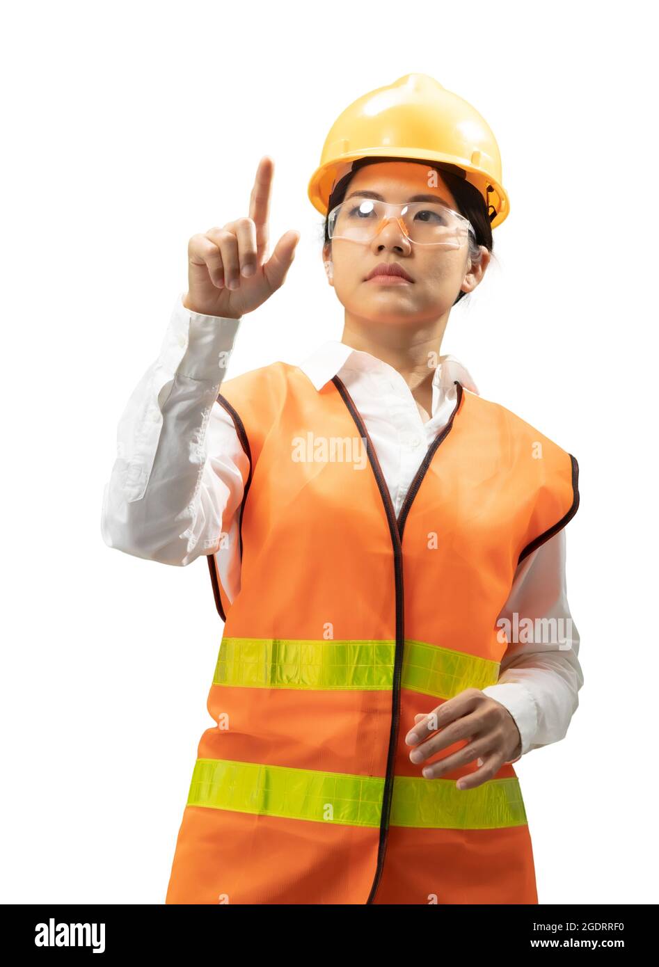 Asian engineer or technician wear safety helmet and reflective vest ...