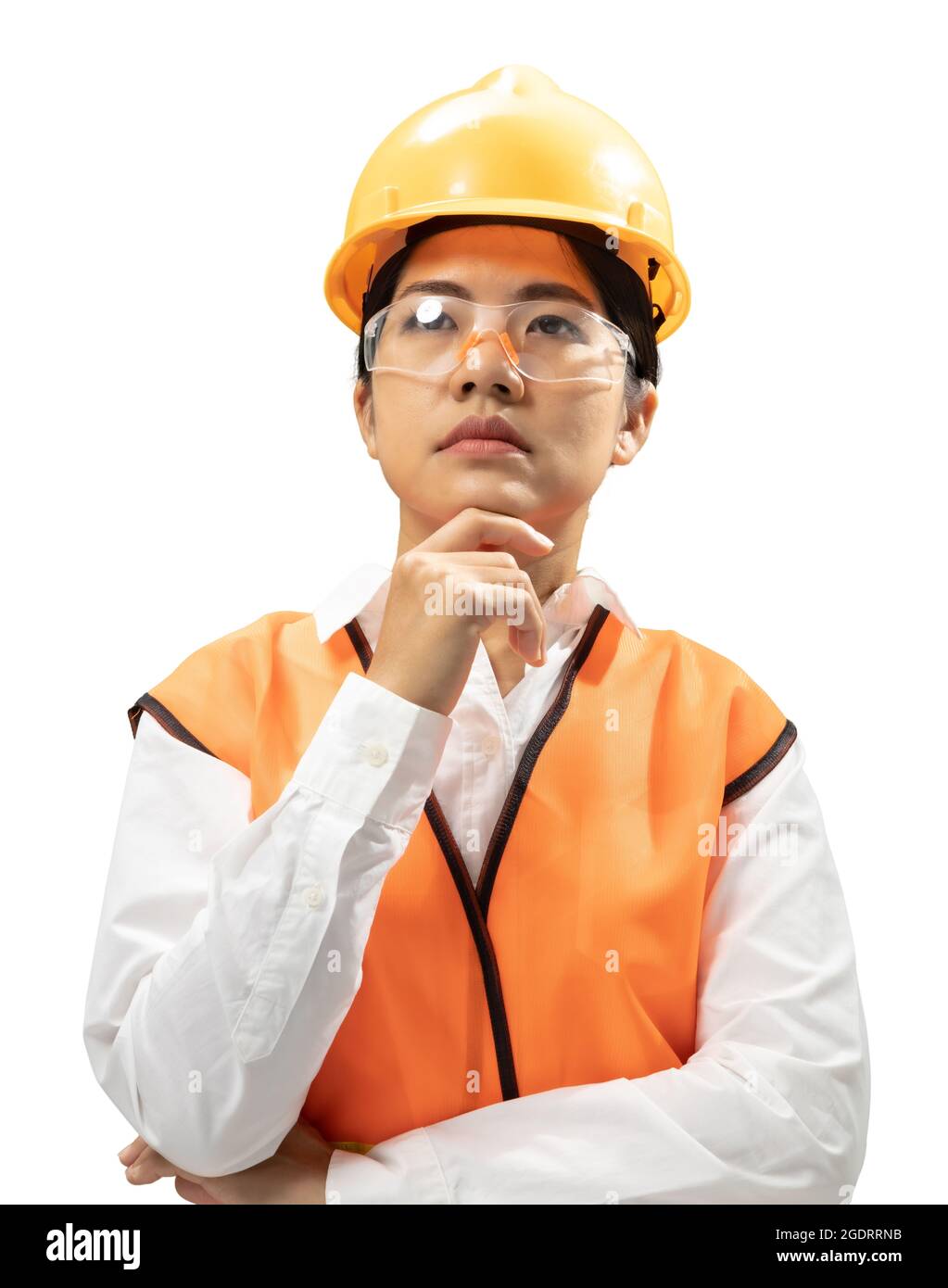 Asian engineer or technician wear safety helmet and reflective vest ...