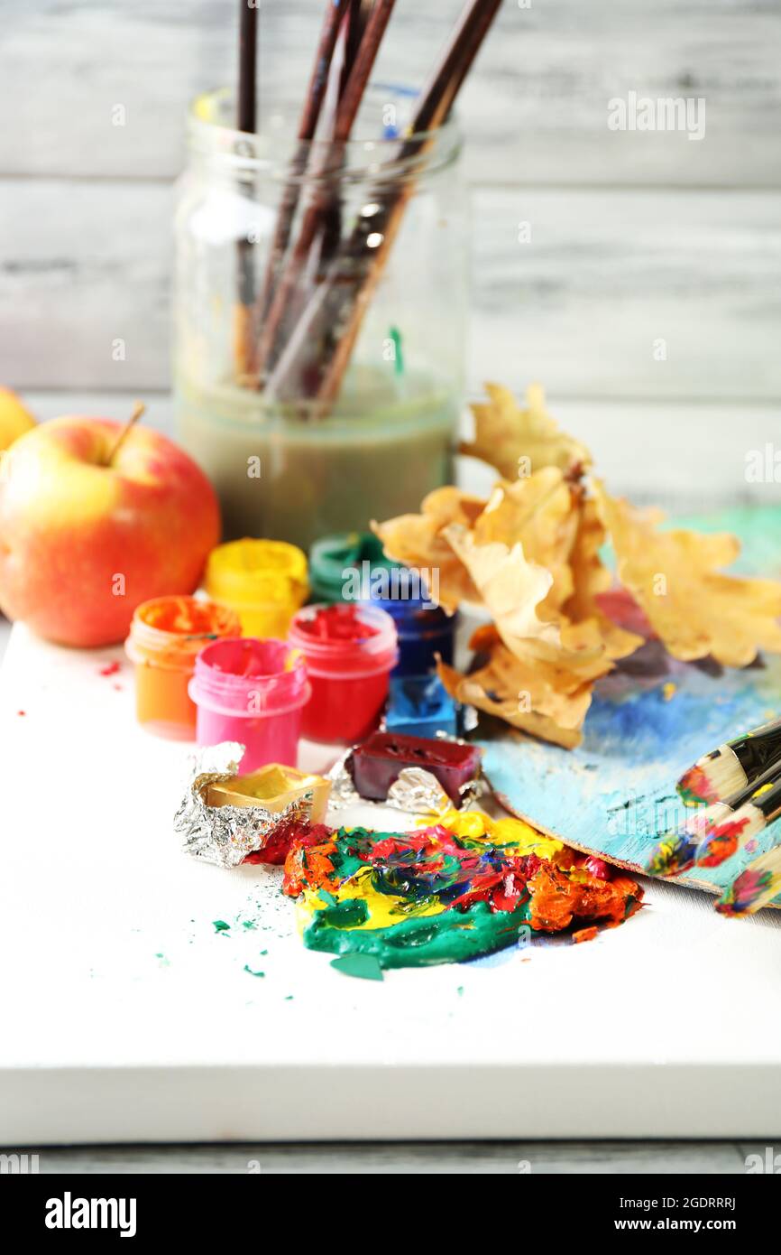 Beautiful still life with professional art materials, close up Stock ...