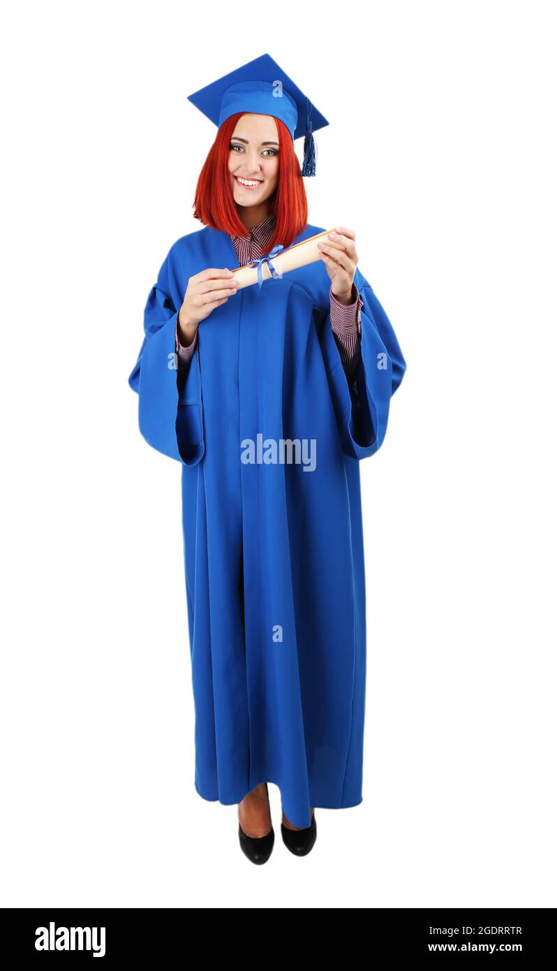 Woman graduate student wearing graduation hat and gown, isolated on ...