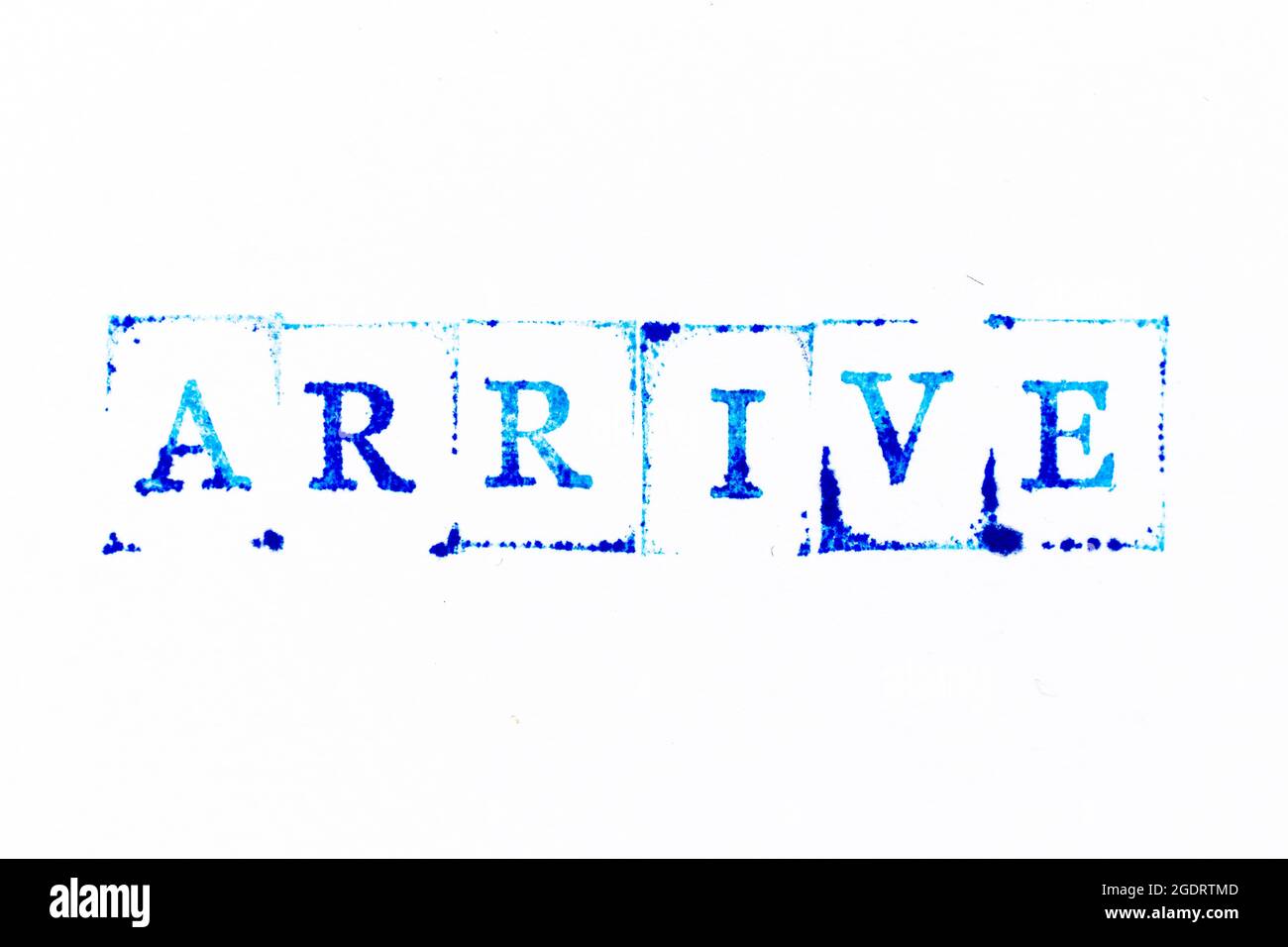 Blue color ink rubber stamp in word arrive on white paper background ...