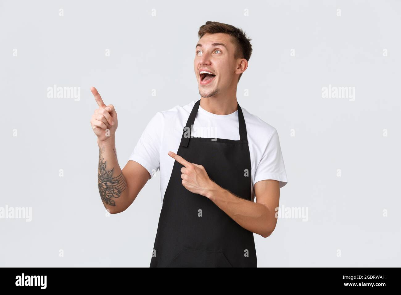 Small business owners, coffee shop and staff concept. Happy surprised ...