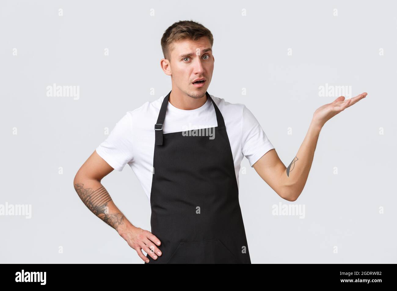 Employees, grocery stores and coffee shop concept. Disappointed and ...