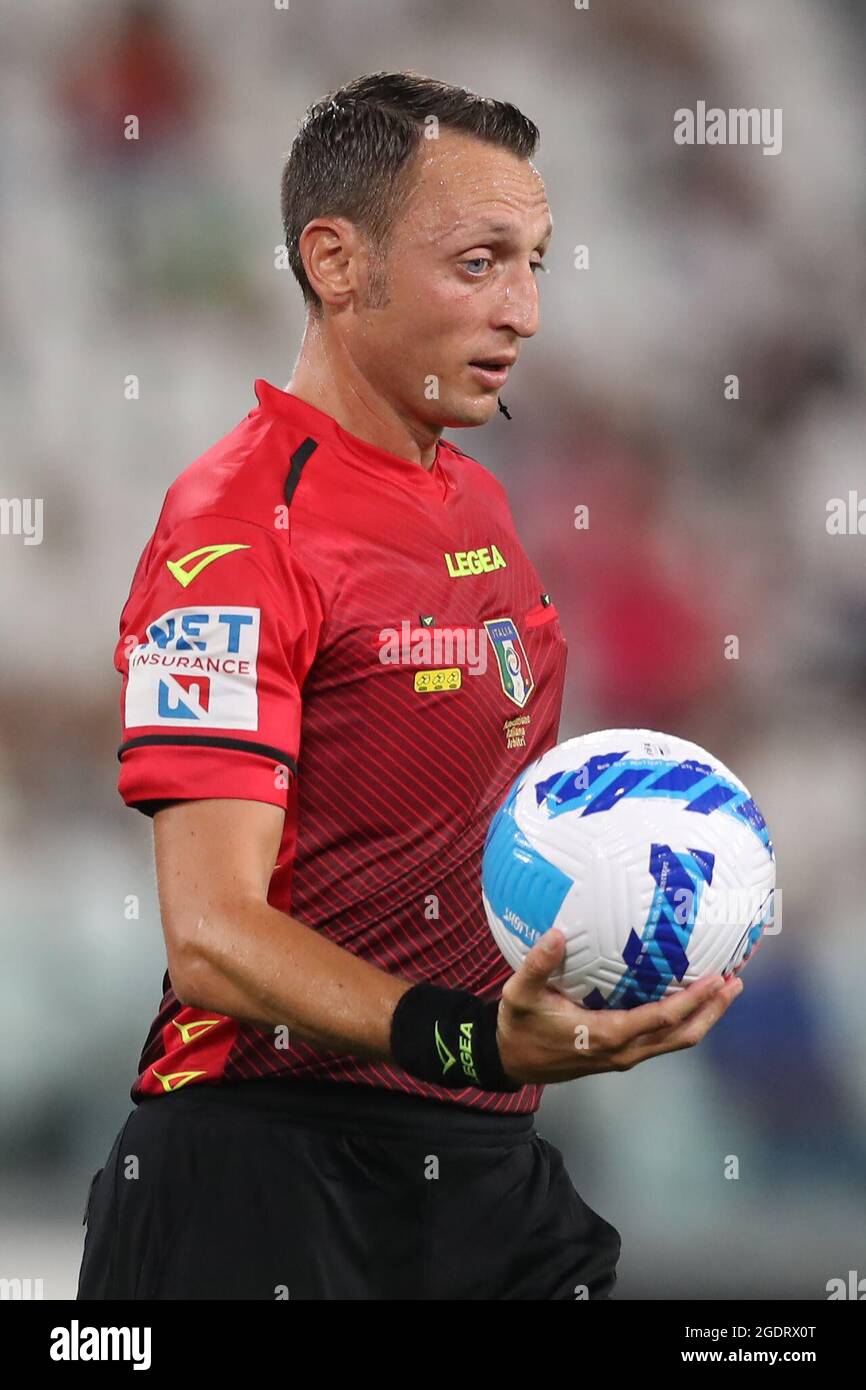 Turin, Italy, 14th August 2021. The referee Rosario Abisso holds the ...