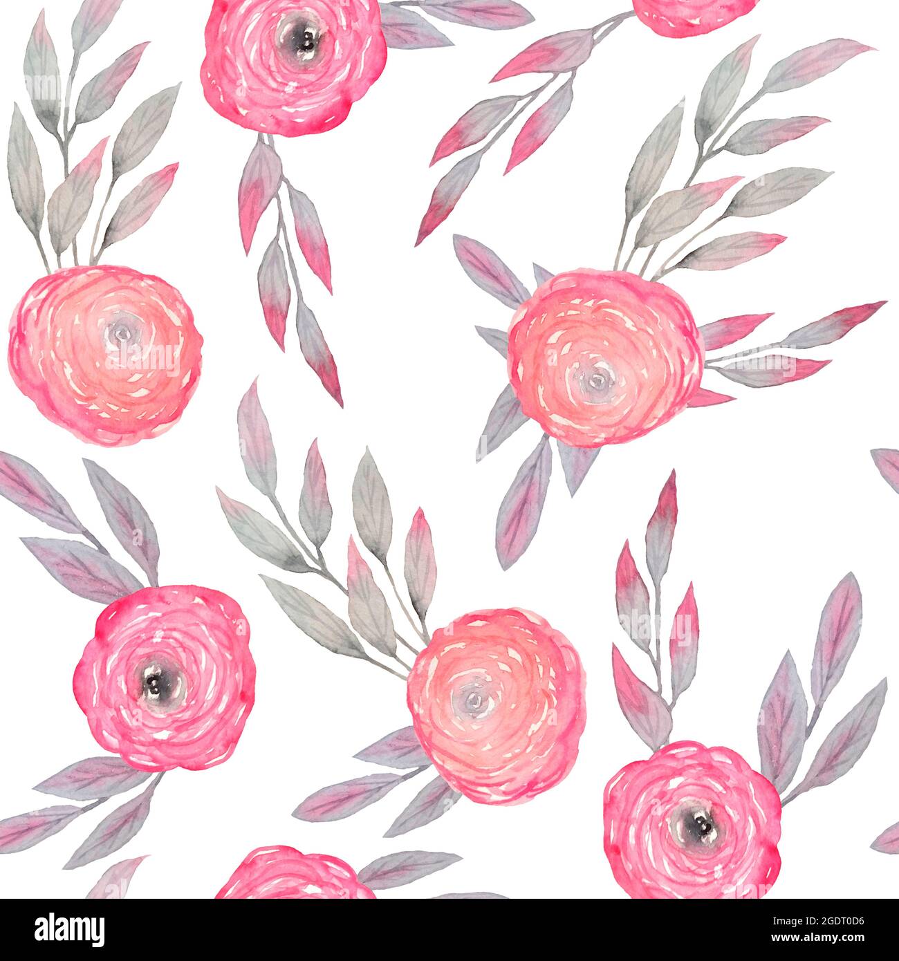 Watercolor hand drawn seamless pattern with pink grey gray leaves ...