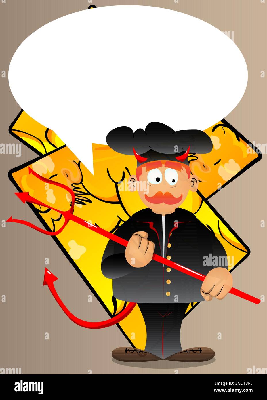 Fat male cartoon chef in uniform devil with pitchfork. Vector ...