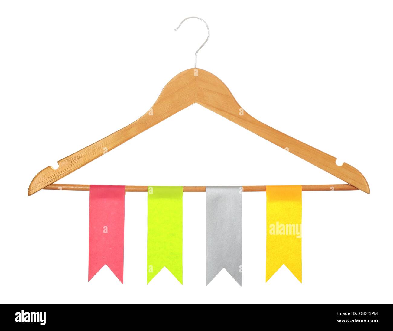 Row of colorful flags hanging on wooden hanger isolated on white Stock ...