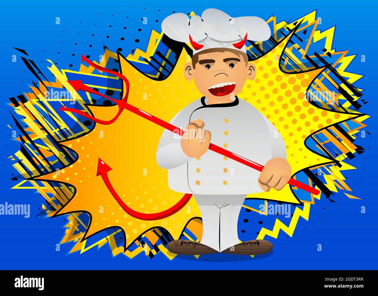 Fat male cartoon chef in uniform devil with pitchfork. Vector ...
