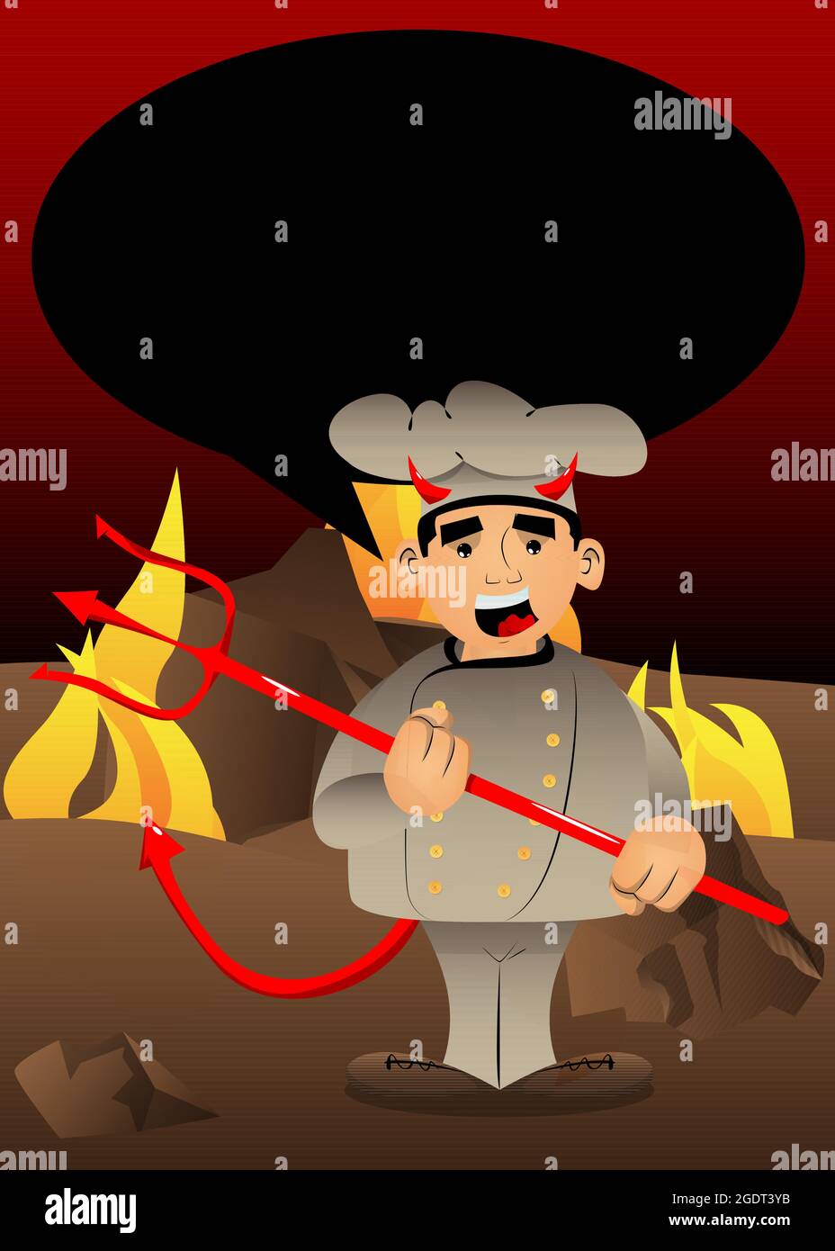 Fat male cartoon chef in uniform devil with pitchfork. Vector ...