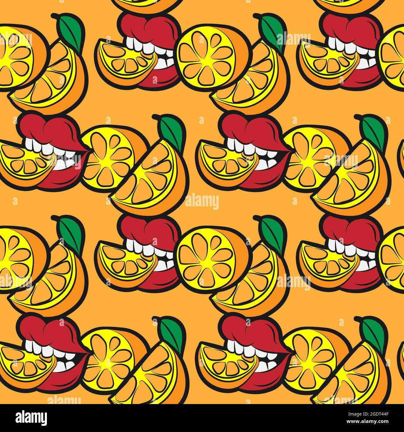 seamless pattern of oranges slices biting lips on an orange background ...