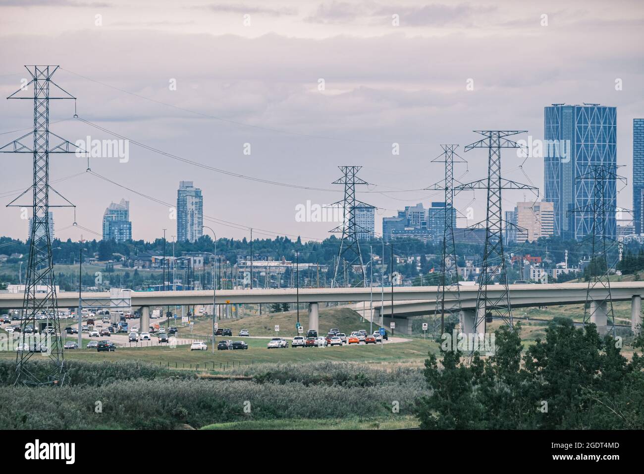 Traffic on Deerfoot trail with downtown Calgary on a cloudy day Stock ...