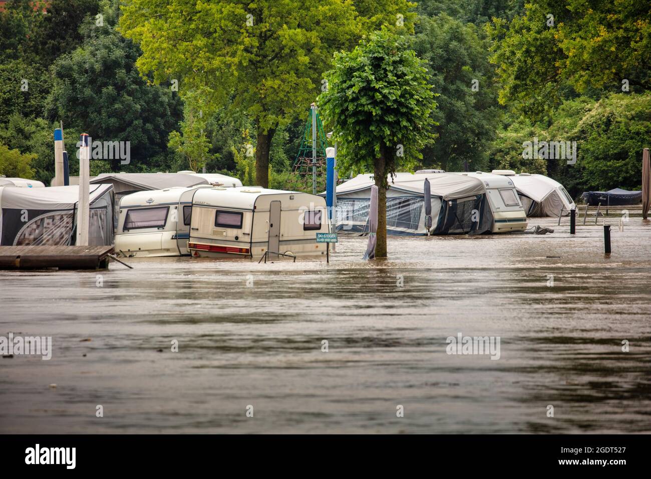 The Netherlands, Maastricht. Flooded campsite due to flooding of Maas ...