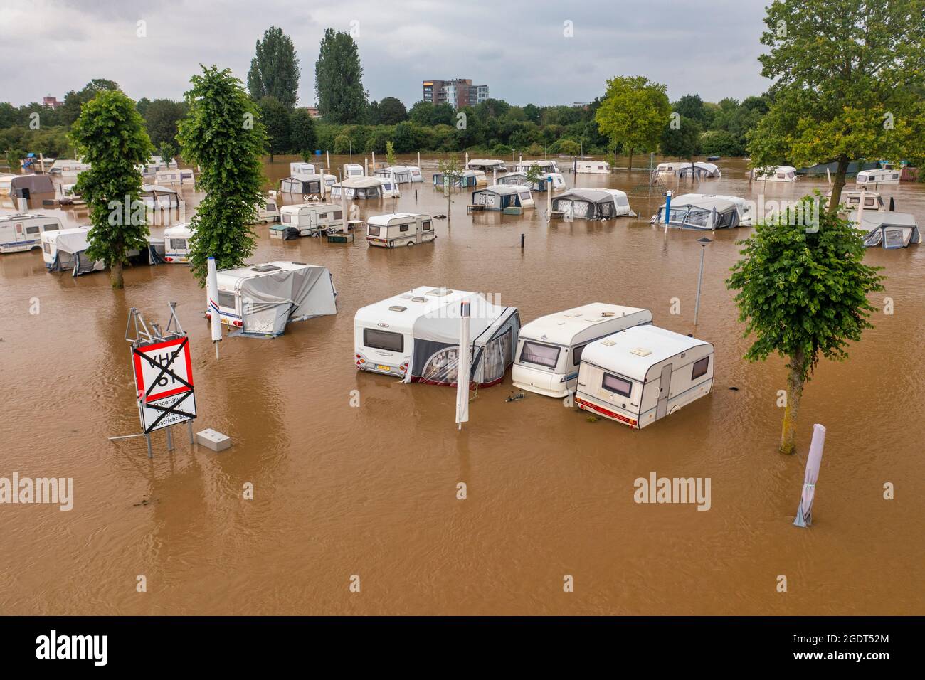 The Netherlands, Maastricht. Flooded campsite due to flooding of Maas ...