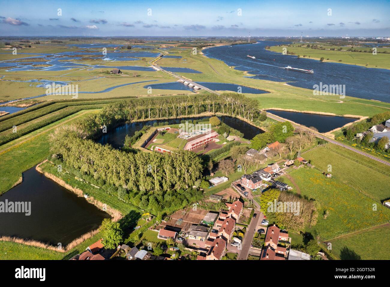 The Netherlands, Werkendam. Fort Steurgat. Waal river. Aerial. New ...