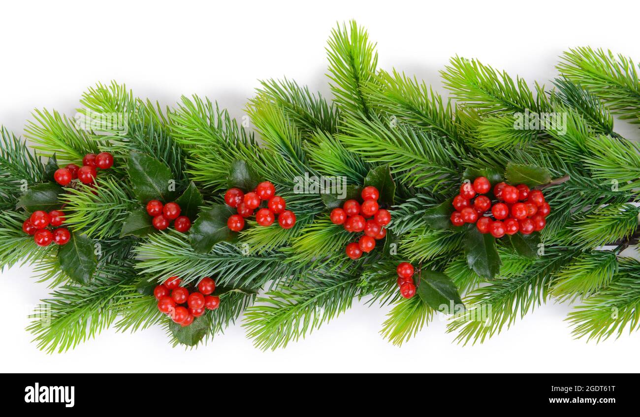 Beautiful Christmas border from fir and mistletoe on white background ...