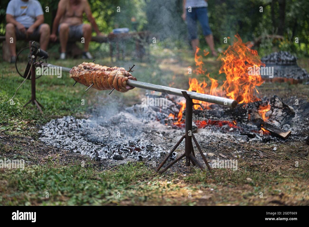 Pork meat baked on a spit Stock Photo - Alamy