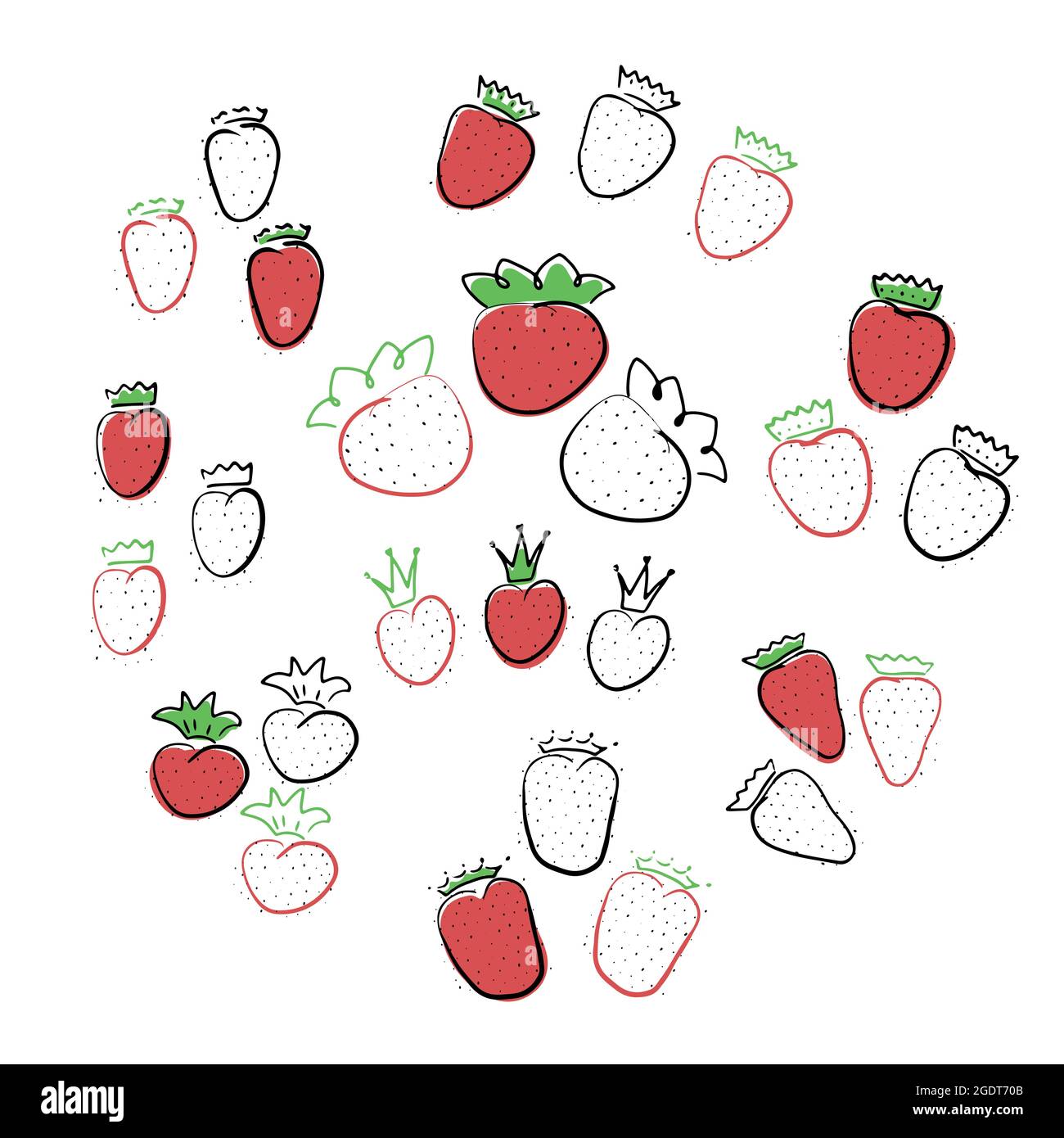 Strawberry with crown, hand drawn berry in black line, colored line and ...
