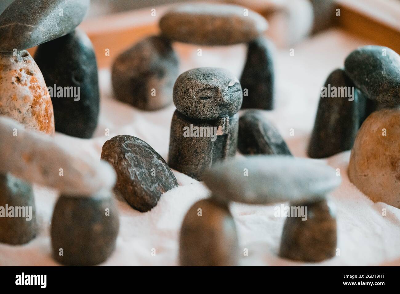 Japanese stone monk sculpture with Zen landscape garden decoration ...