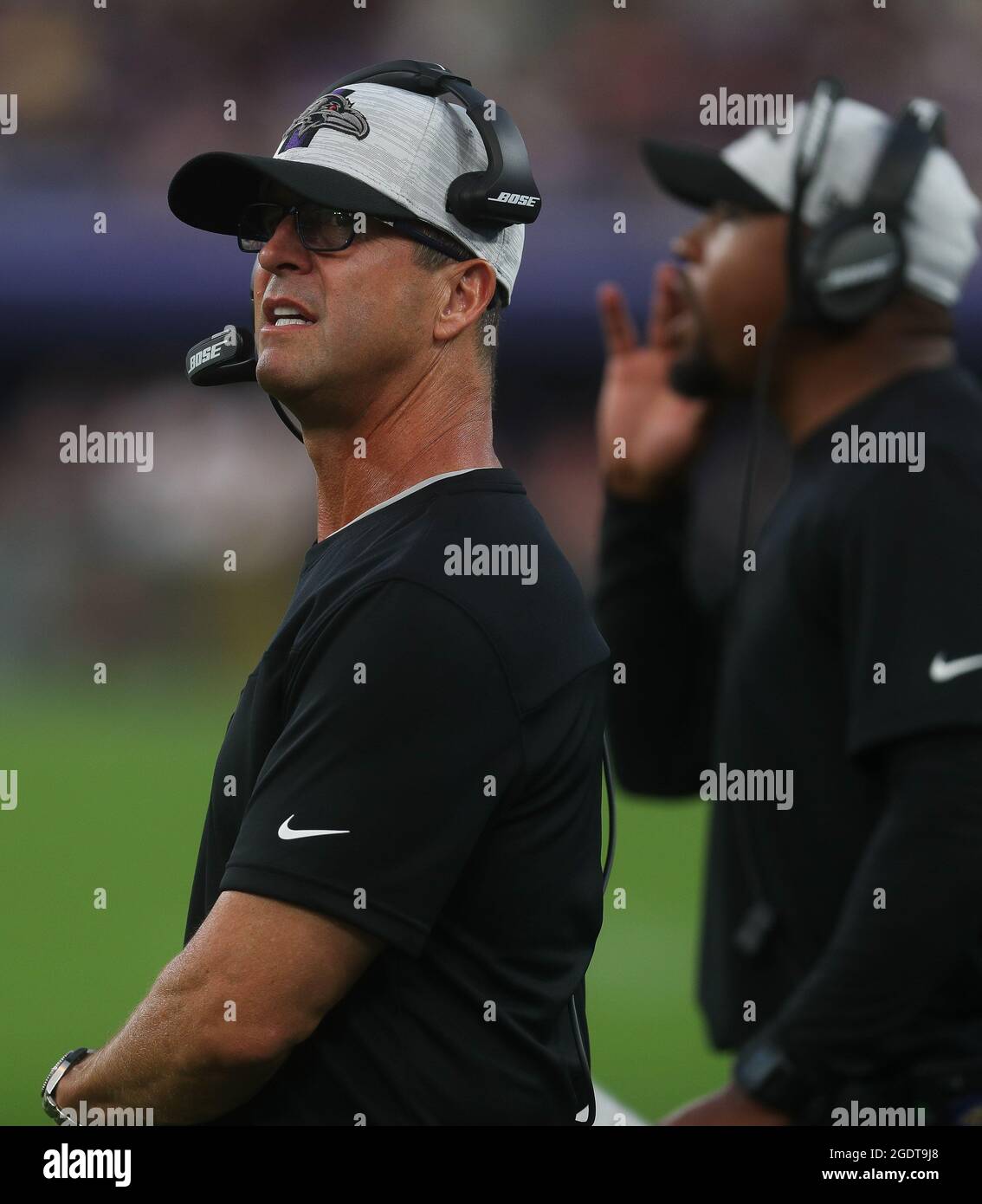 Baltimore Ravens head coach John Harbaugh pictured during a preseason ...