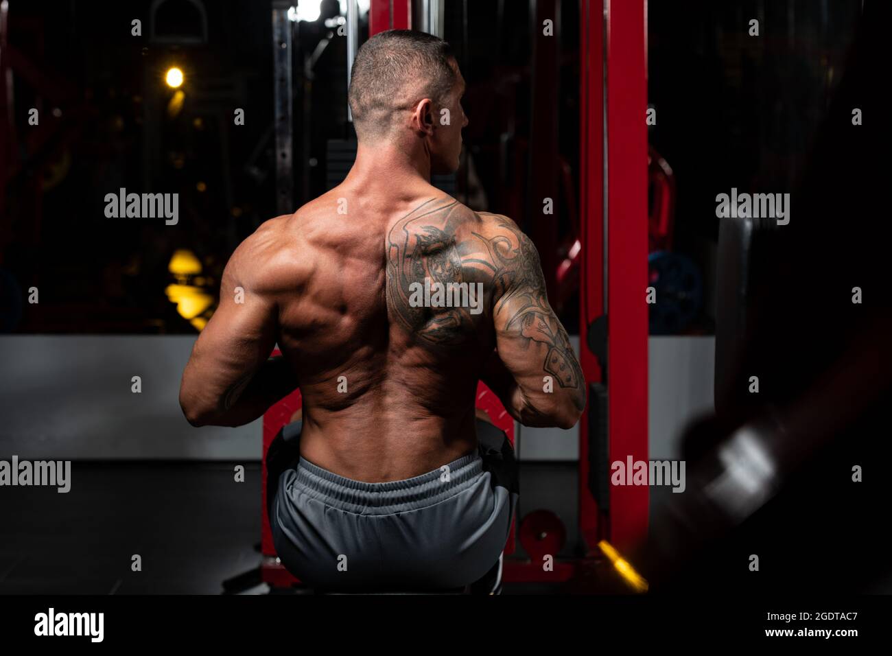 Handsome Bodybuilder Doing Heavy Weight Exercise For Back On Machine ...