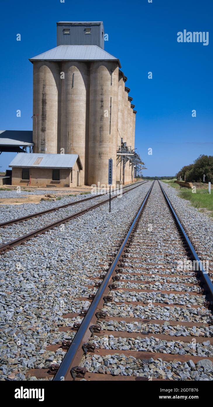 The railway line running past the silos at Mirrool NSW Australia Stock ...